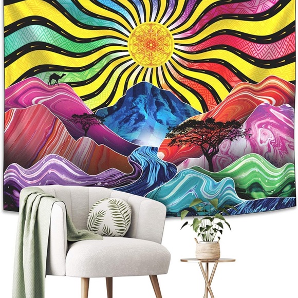 Wall Decor | Trippy Tapestry Sun Mountains River And Trees | Poshmark